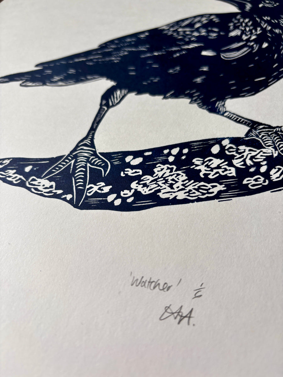 Watcher original Linocut print 29 x 42cm – Buff and Blue Prints